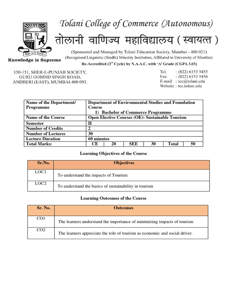 Open Elective Courses OE Sustainable Tourism | PDF | Sustainability ...