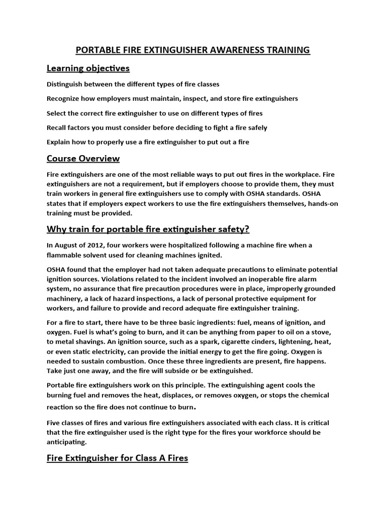 Use of Portable Fire Extinquisher Awareness Training | PDF | Fires ...