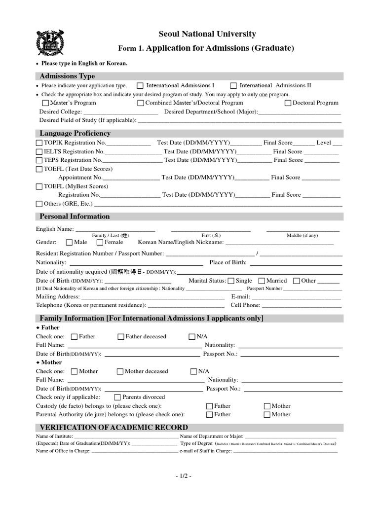 (Form1) Application For Admissions - Graduate | PDF | Nationality ...