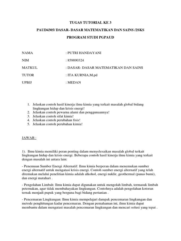 Tugas 3, Dasar Matematika Dan Sains, Nama, Putri Handayani, Nim, 859890324, Upbjj, Medan | PDF ...