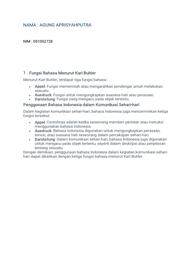 Nama: Agung Aprisyahputra: Fungsi Bahasa Menurut Karl Buhler | PDF ...