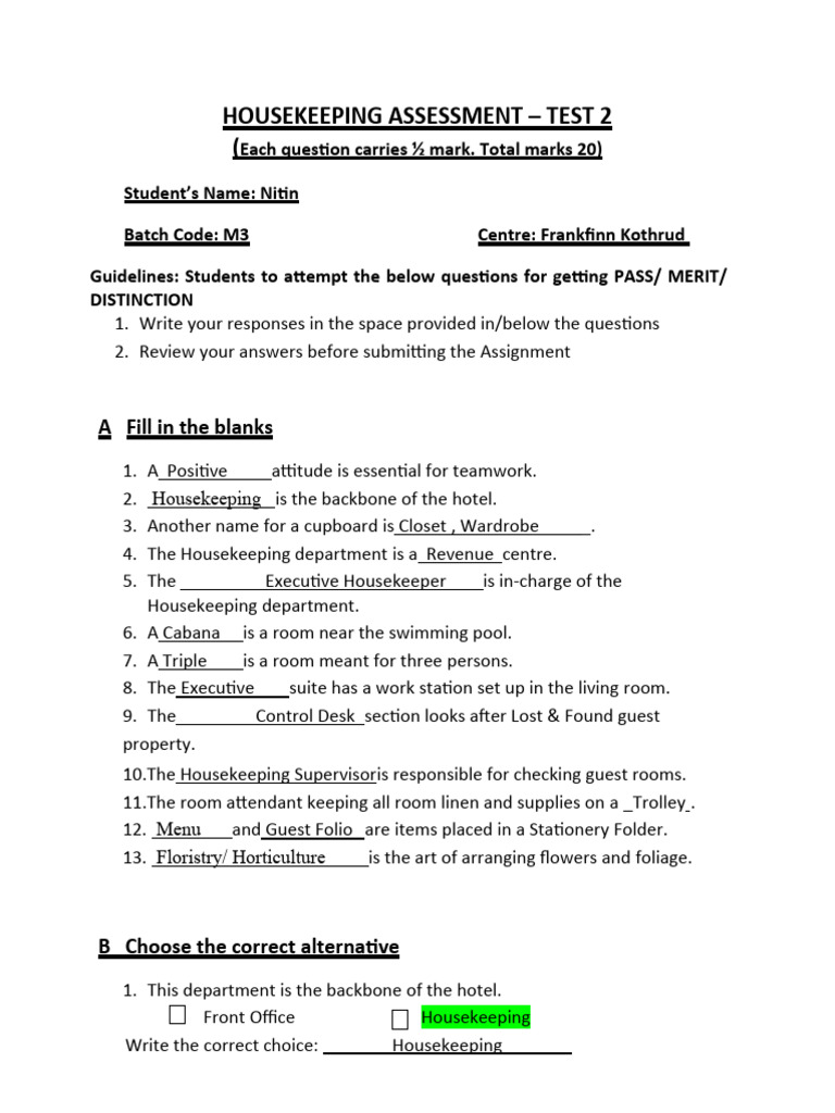 Housekeeping Assessment Test Nitin N | Download Free PDF | Housekeeping ...