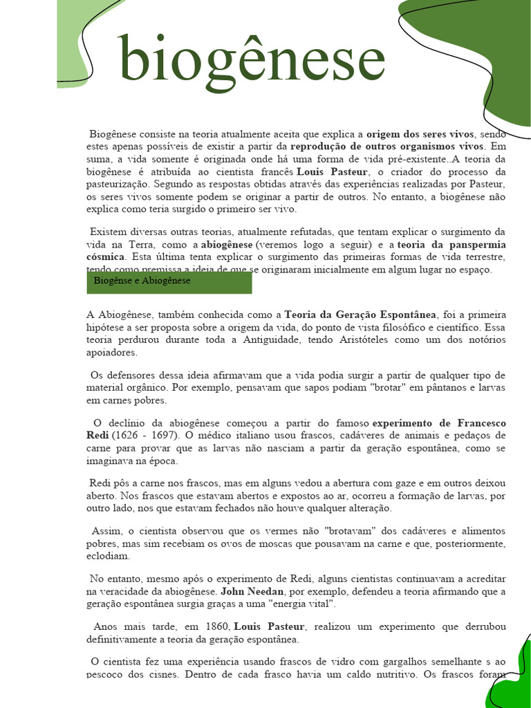 Resumo Sobre Biogenese | Download grátis PDF | Abiogênese | Vida