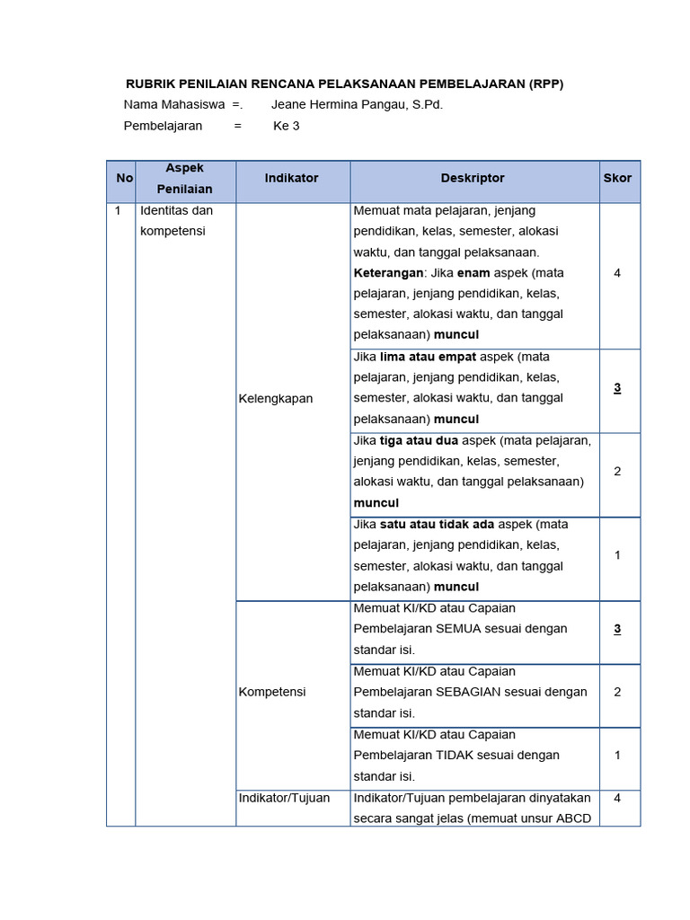 Penilaian RPP Pertemuan 3 | PDF