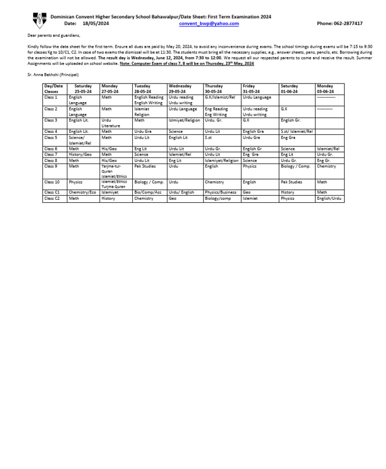 Datesheet First Term 2024 Pdf