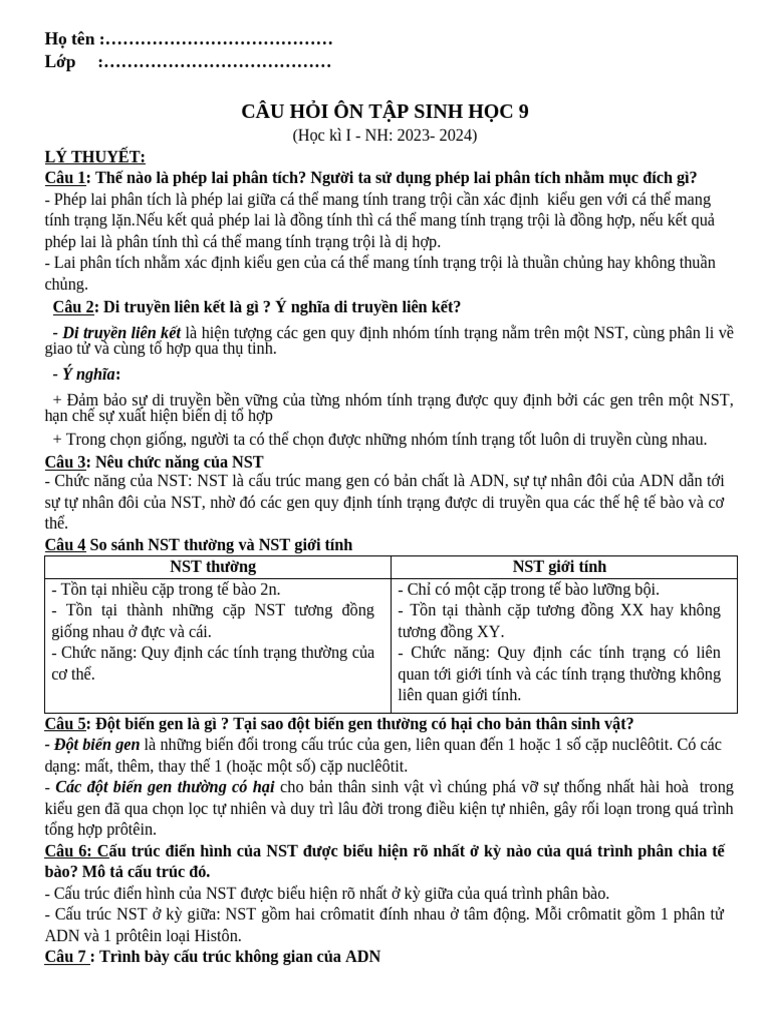 De Cuong Sinh 9 - Hki 6edf5 | PDF