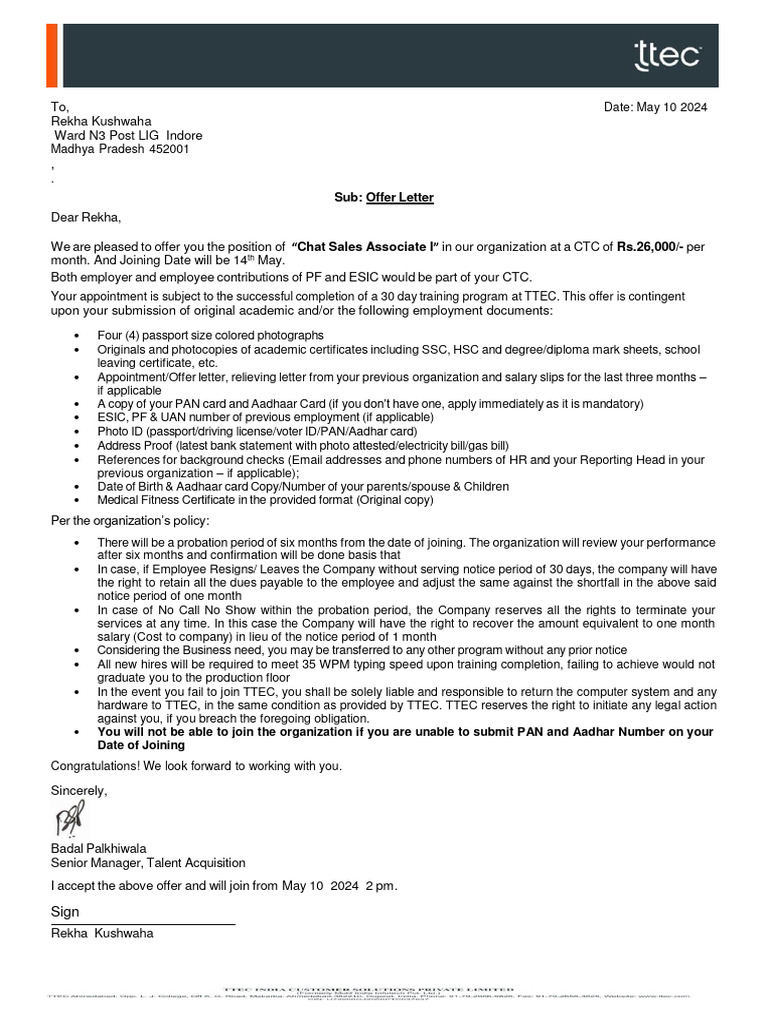 Offer Letter - Ttec | PDF