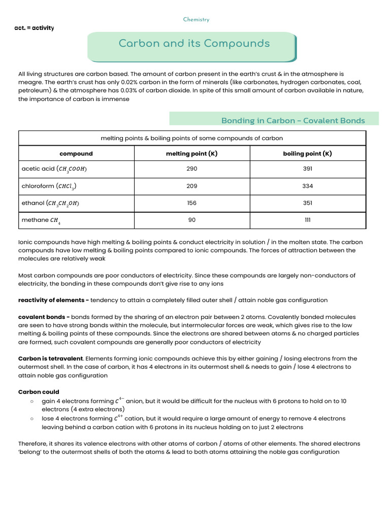 Carbon and Its Compounds | PDF | Chemical Bond | Chemical Compounds