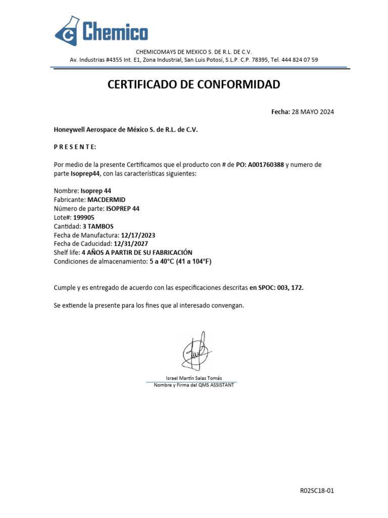 Certificado de Conformidad - ISOPREP 44 | PDF