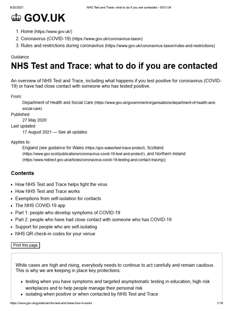 NHS Test and Trace - What To Do If You Are Contacted - GOV - UK | PDF ...