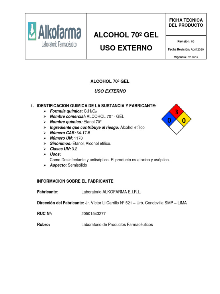 Hoja MSDS Alcohol Gel 70° | PDF | Etanol | Química