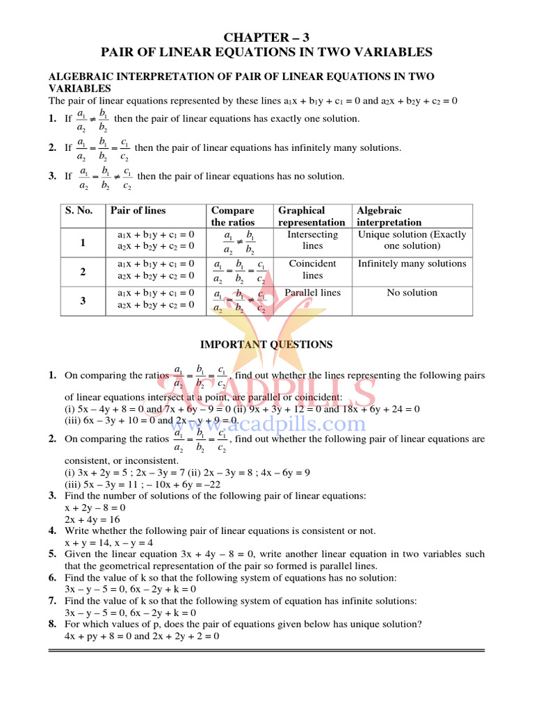 Linear Equations in Two Variables Most Important Questions | PDF ...