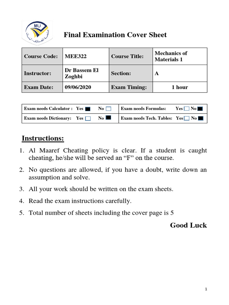 MEE322 - Final Exam - S20 | PDF | Bending | Beam (Structure)