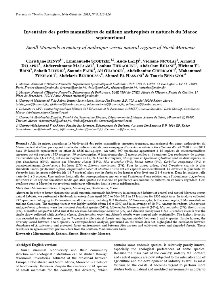 Nventaire Des Petits Mammifères de Milieuxanthropisés Et Naturels Du ...