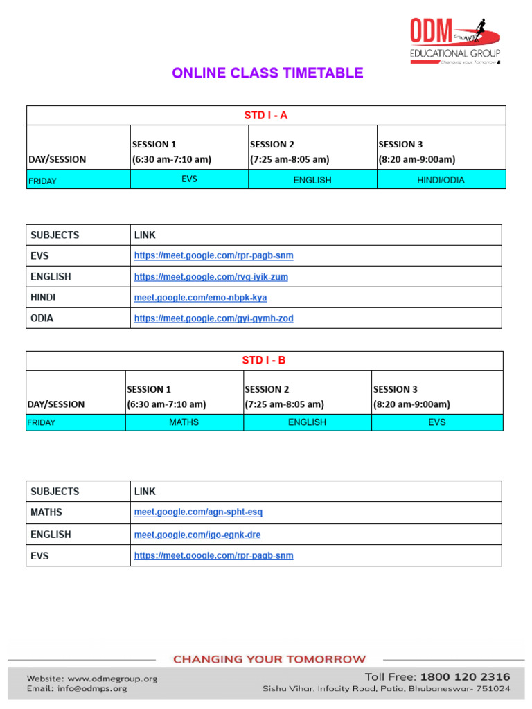 STD I-Online Class Time Table | PDF