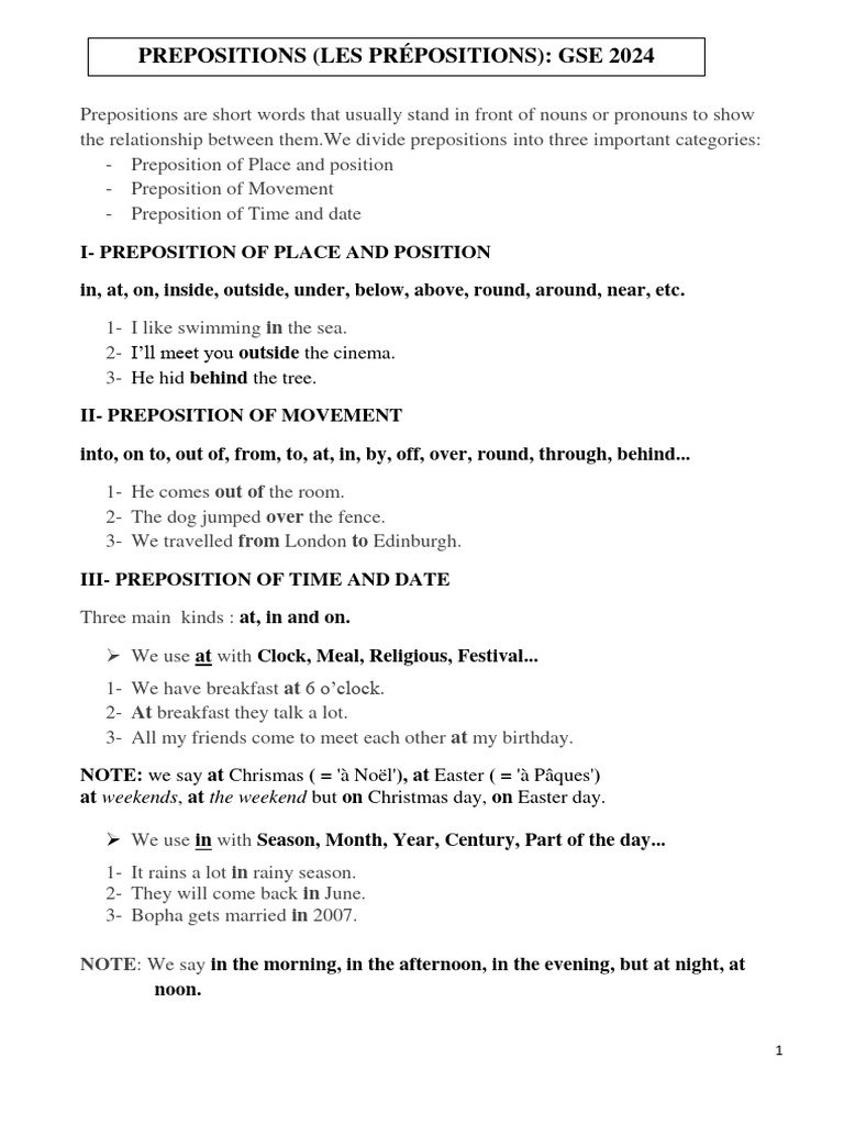 Prepositions-GSE 2024 | PDF | Preposition And Postposition | Morphology