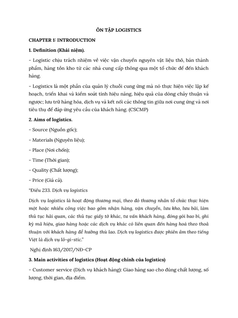 Ôn Tập Logistics Chapter 1 Introduction 1. Definition (Khái niệm) | PDF