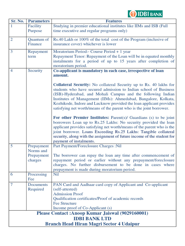 Educational Loan Scheme IDBI Bank | PDF | Loans | Investment Banking