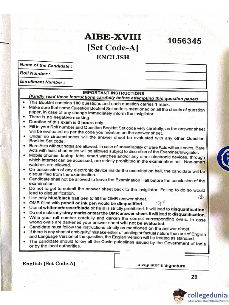 AIBE 18 Question Paper Set A | PDF