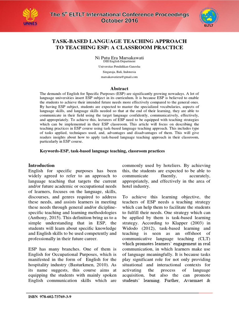 Task Based Language Teaching Approach To Teach ESP | PDF | Language Education | Learning
