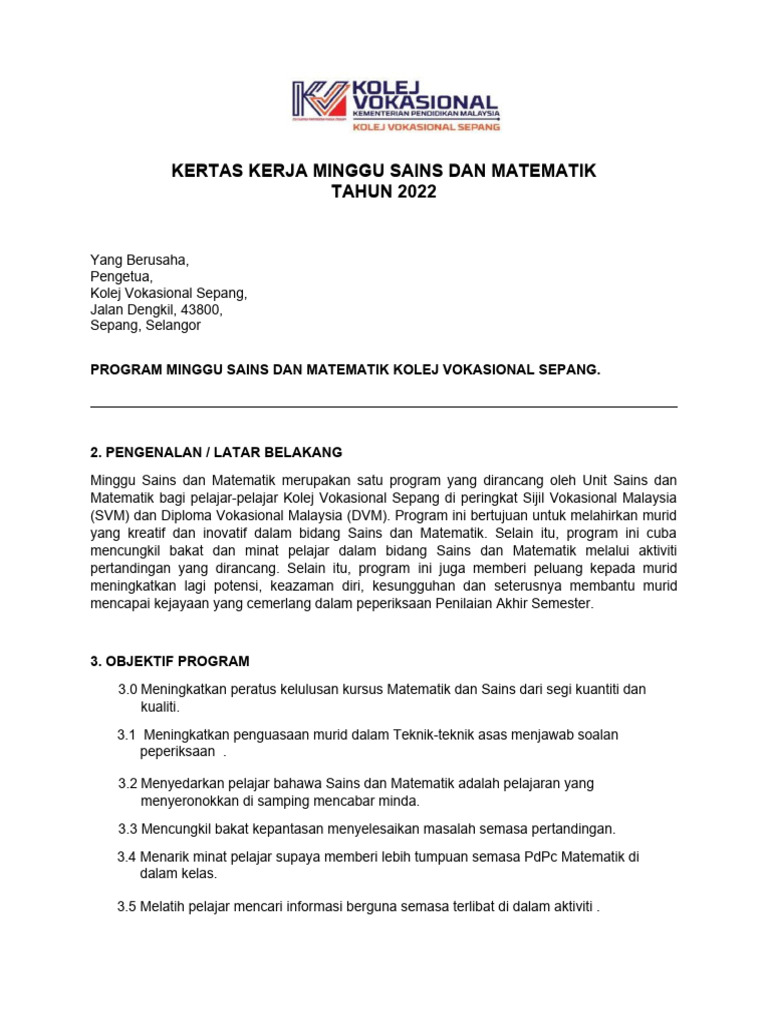 Kertas Kerja Minggu Sains Dan Matematik 2022 | PDF
