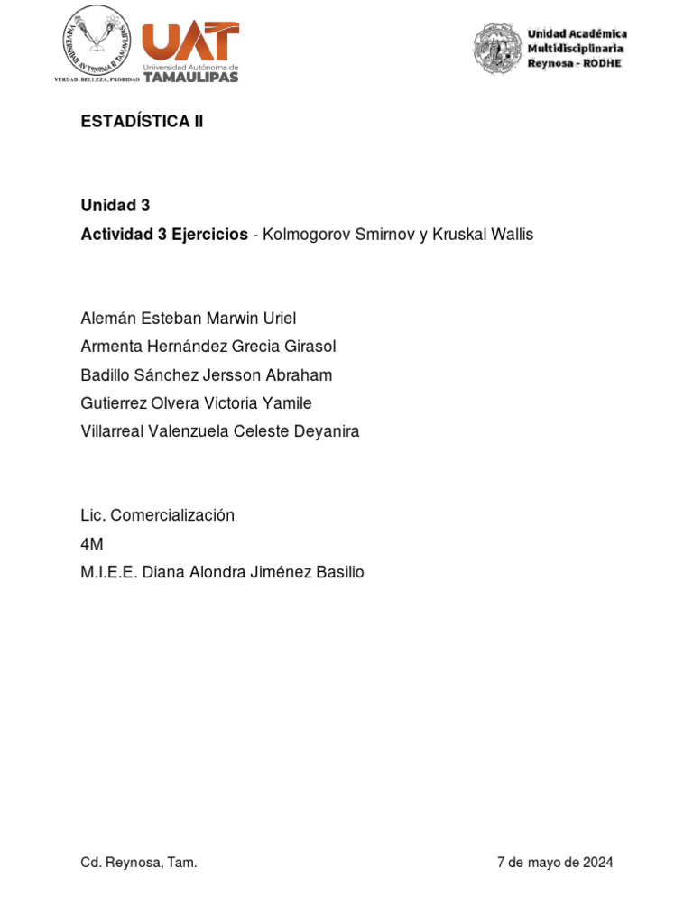 U3 Act. 3 Ejercicios - Kolmogorov Smirnov y Kruskal Wallis | PDF | Análisis de variación ...