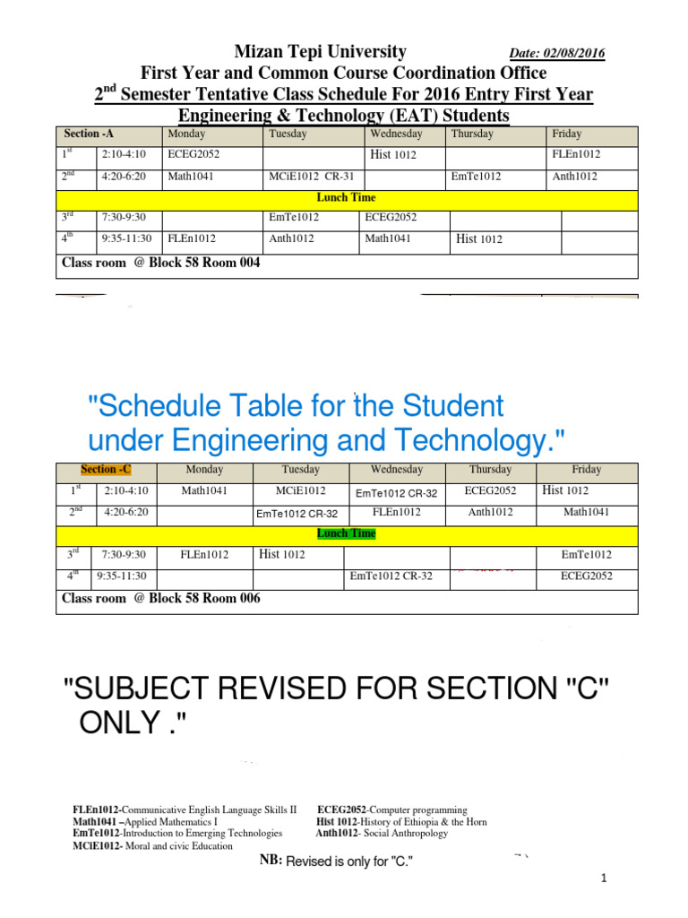 2016 EAT Second Semester Class Schedule WEW | PDF