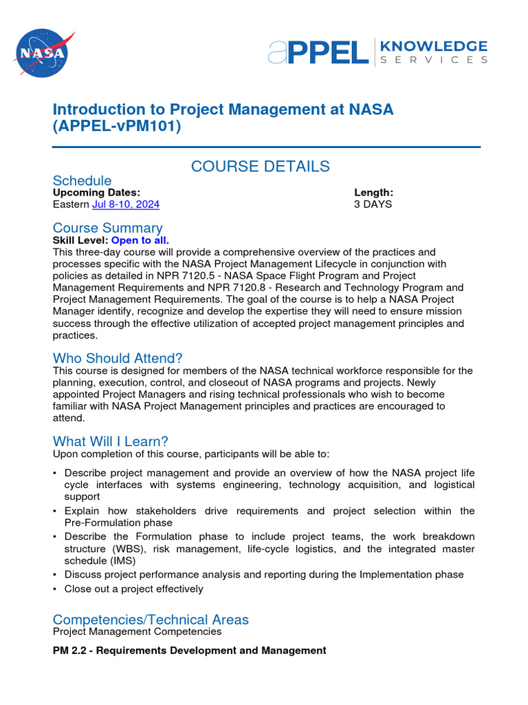 Course Details | Download Free PDF | Project Management | Nasa