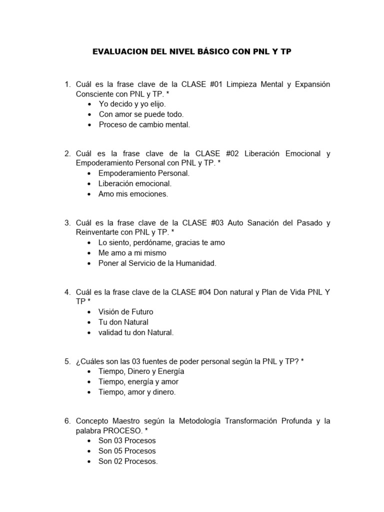 Evaluacion Del Nivel Básico Con PNL y TP | PDF | Mente | Amor