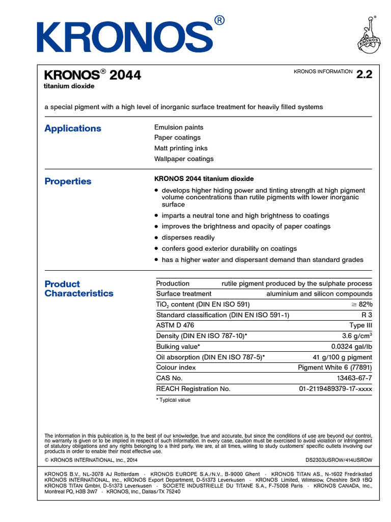 Kronos 2044 | PDF | Titanium Dioxide | Chemical Substances