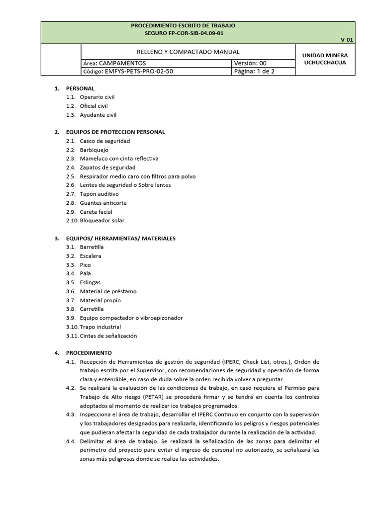 PETS-PRO-02-50 Relleno y Compactado Manual | PDF