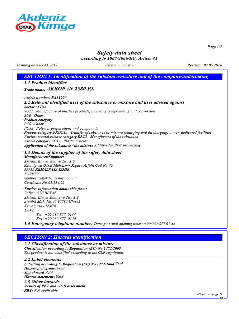 SD - AKROPAN 2580 PX (GB) | PDF | Dangerous Goods | Toxicity