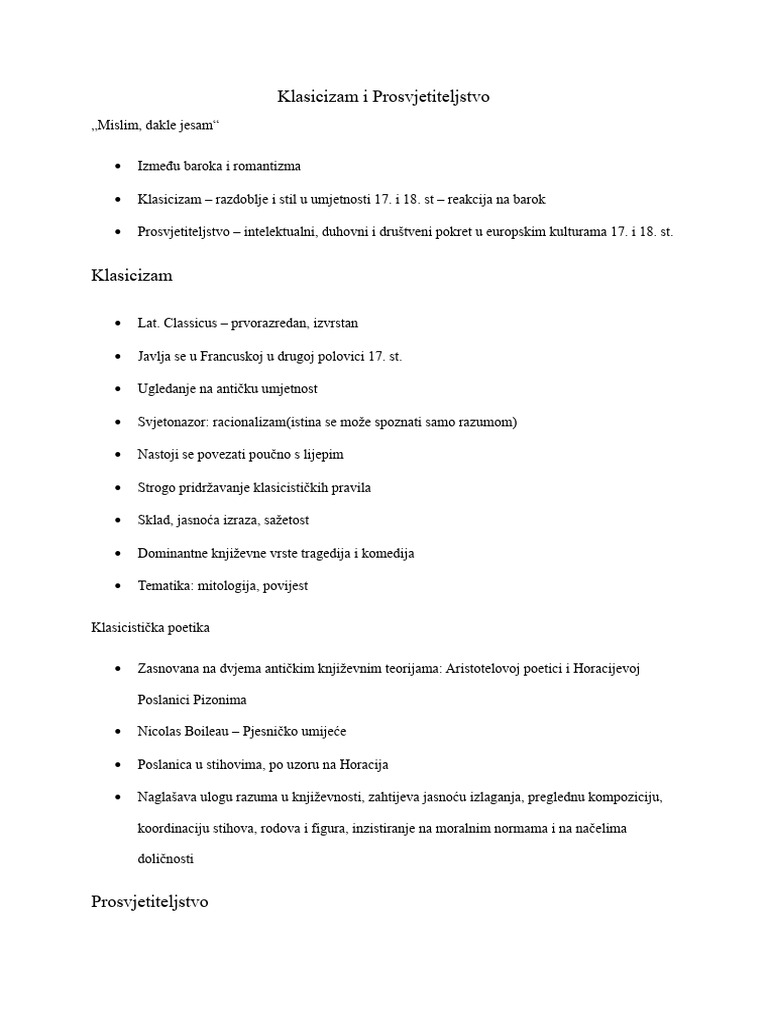 Klasicizam I Prosvjetiteljstvo | PDF