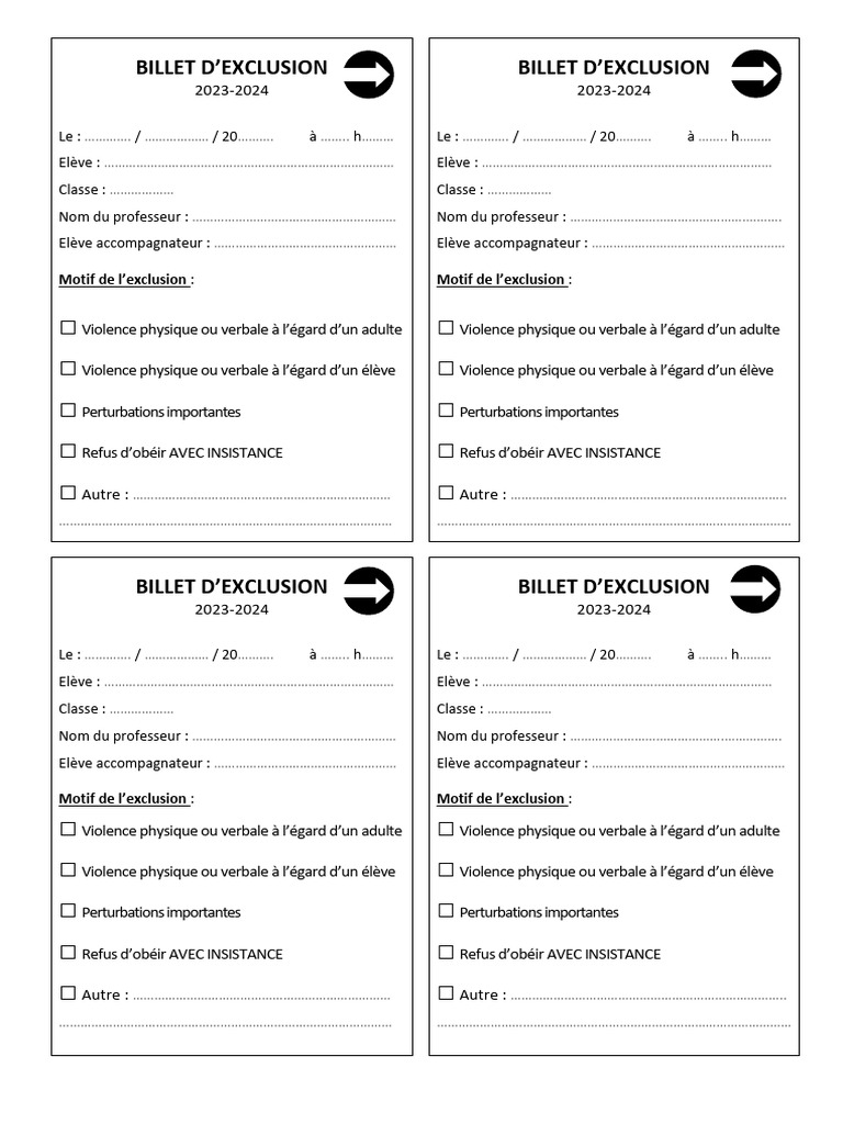 Billets D'exclusion - 2023-2024 | PDF | Agression | Crime et violence