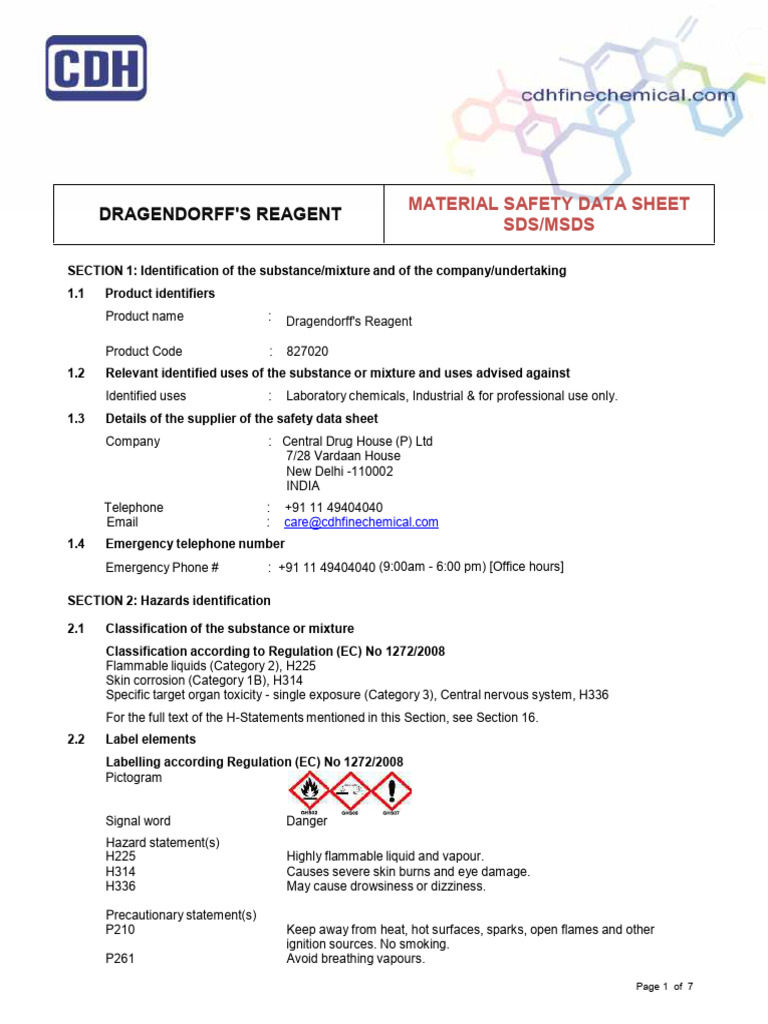 39 793650195 Dragendorffsreagentmsds | PDF | Chemistry | Safety