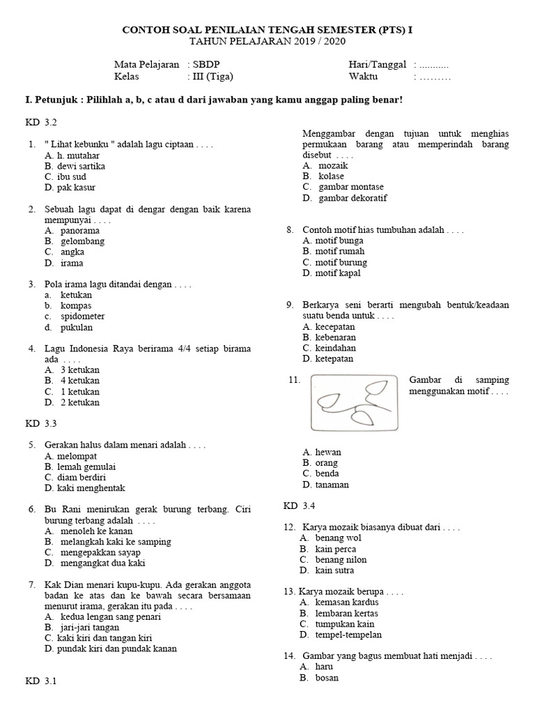 Contoh Soal SBDP Mid Sem 1 Kelas Iii | PDF