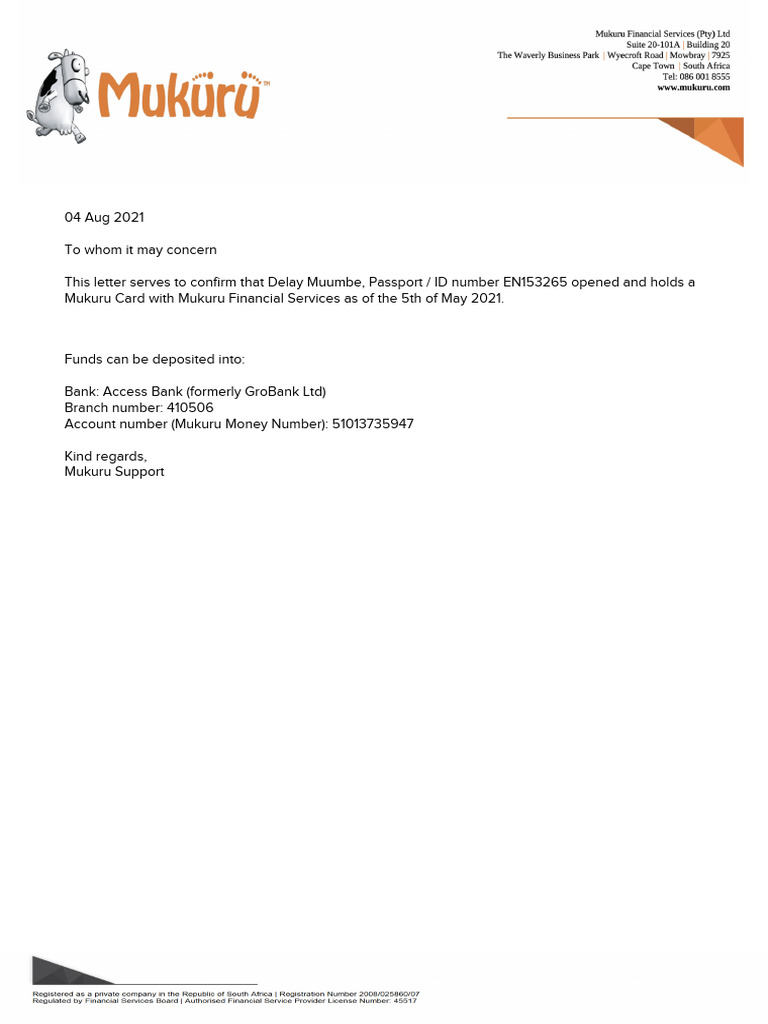Mukuru Bank Confirmation Letter | PDF