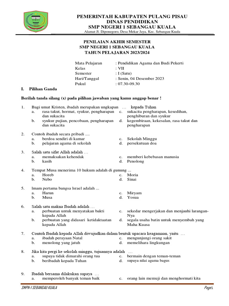 Soal Pak Kelas 7 SMT-1 | PDF | Agama & Spiritualitas