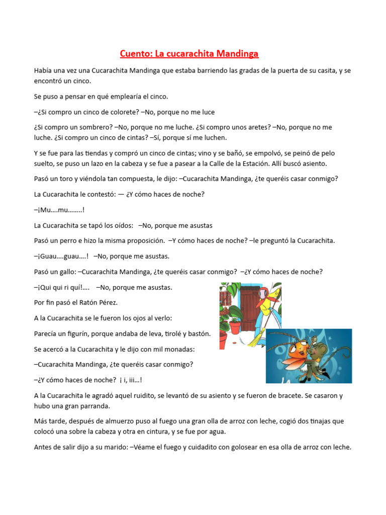 Cuento La Cucarachita Mandinga 2 A B C | PDF | Cocina, comidas y vino ...