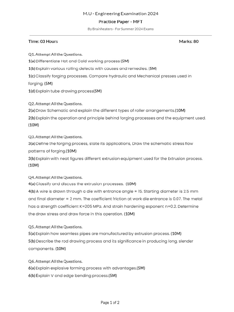 MFT Mech Sem6 Practice Papers | PDF
