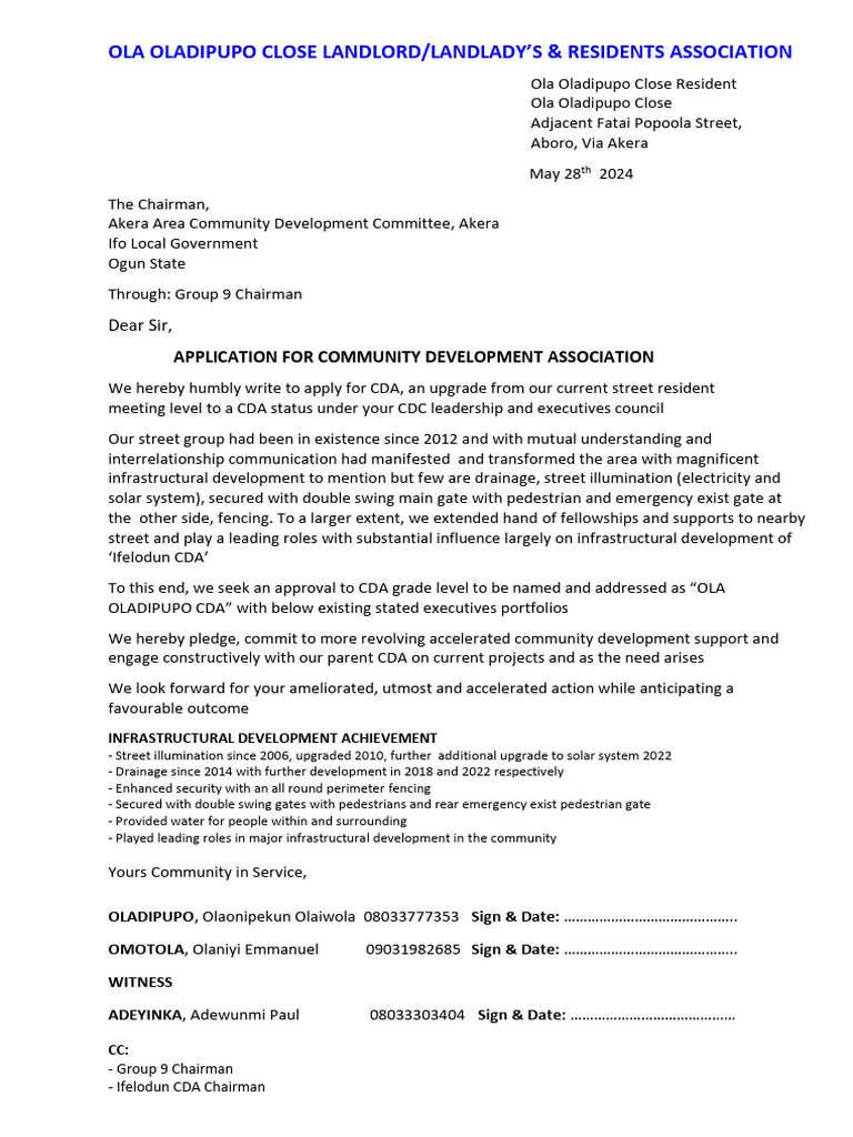 Application For CDA Upgrade Status Ola Oladipupo Close Resident | PDF
