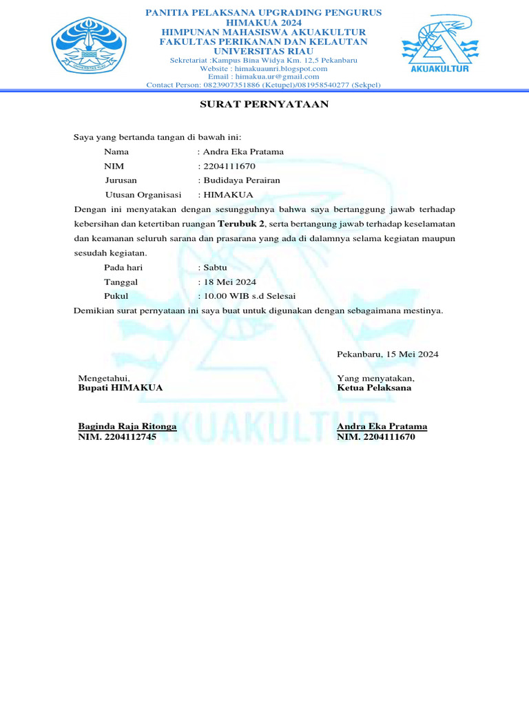 Format Surat Pernyataan Peminjaman Ruangan Kosong Upgrading Himakua 2024 | PDF