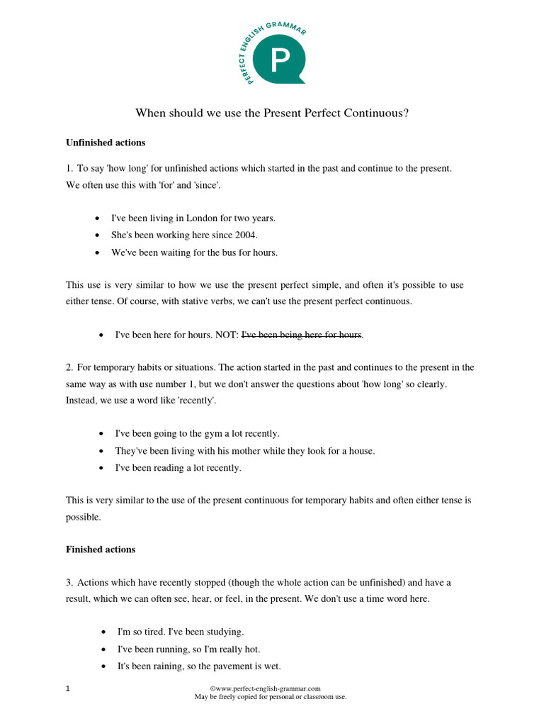 Present Perfect Continuous Use | PDF