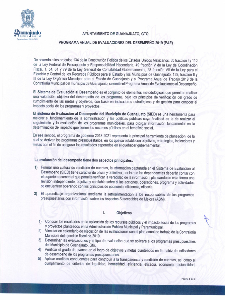Programa Anual de Evaluacion Al Desempeno 2019 (PAE) Guanajuato | PDF