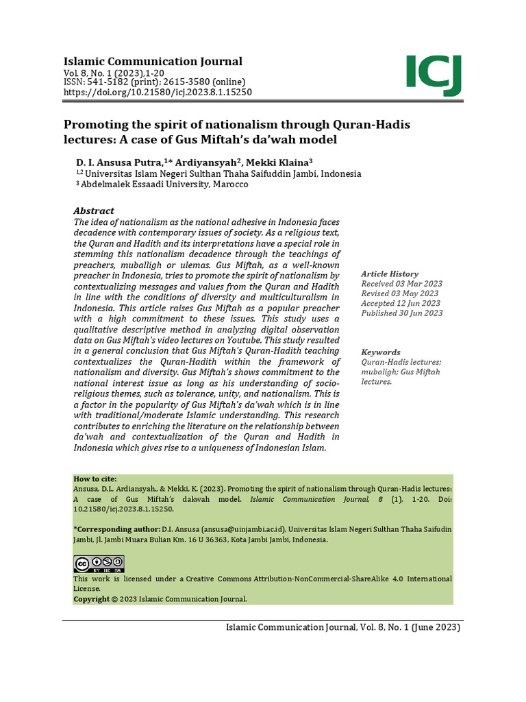 Promoting The Spirit of Nationalism Through Quran-Hadis Lectures: A Case of Gus Miftah's Da'wah ...