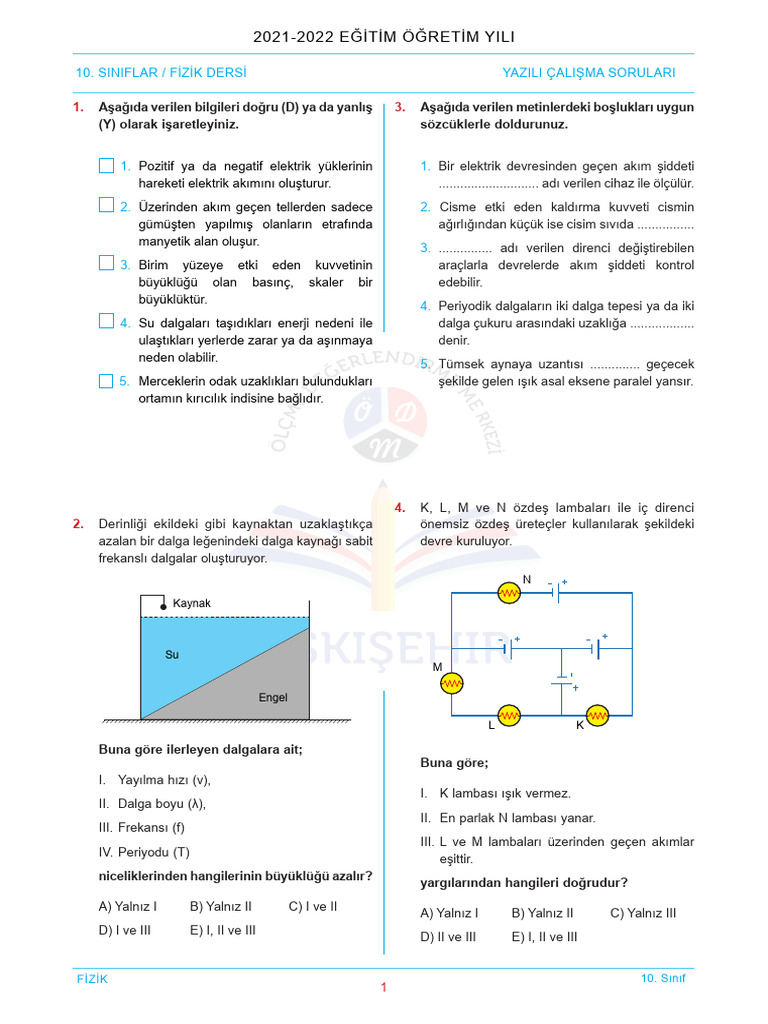 10.sinif Fizik 2.donem 1.yazili Calismasi Ve Cevaplari | PDF
