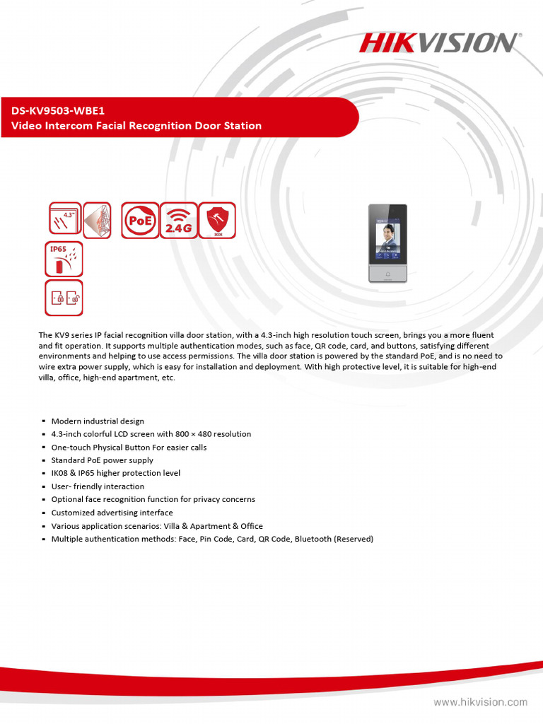 DS KV9503 WBE1 Video Intercom Facial Recognition Door Station Datasheet ...