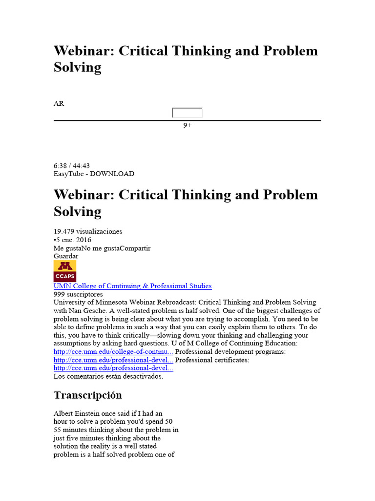 Critical Thinking and Problem Solving | PDF | Thought | Experience
