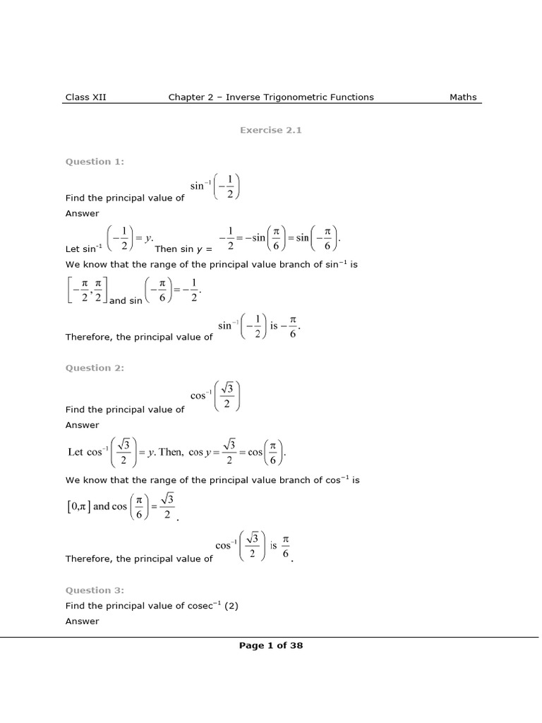 Principal Values of Inverse Trig Functions | PDF | Trigonometric ...
