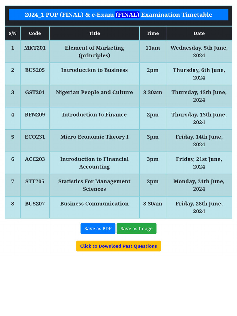POP FINAL Eexam FINAL Examination Timetable | PDF